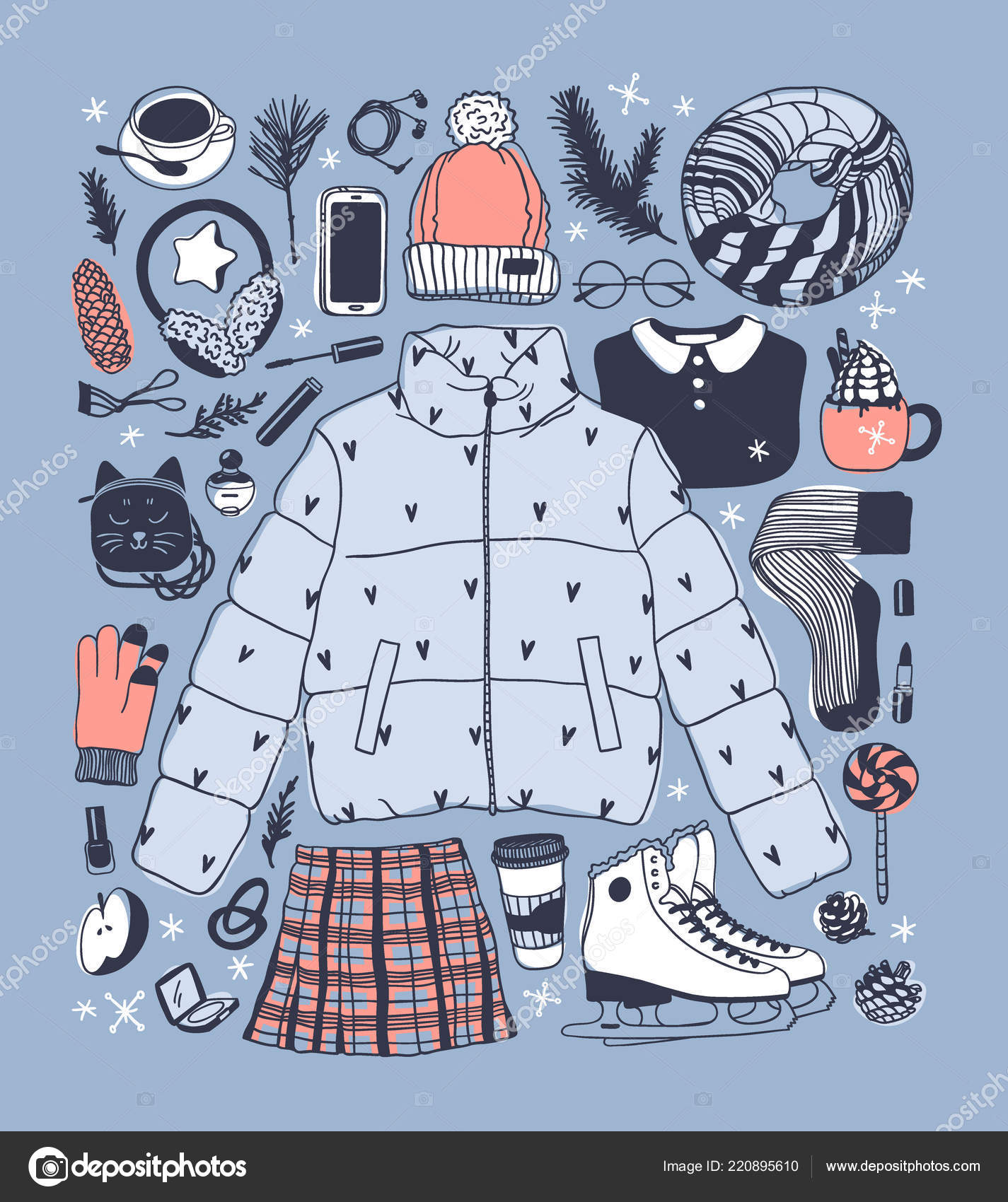 Hand Drawn Set Ice Skating Things Winter Sport Vector Background Stock ...