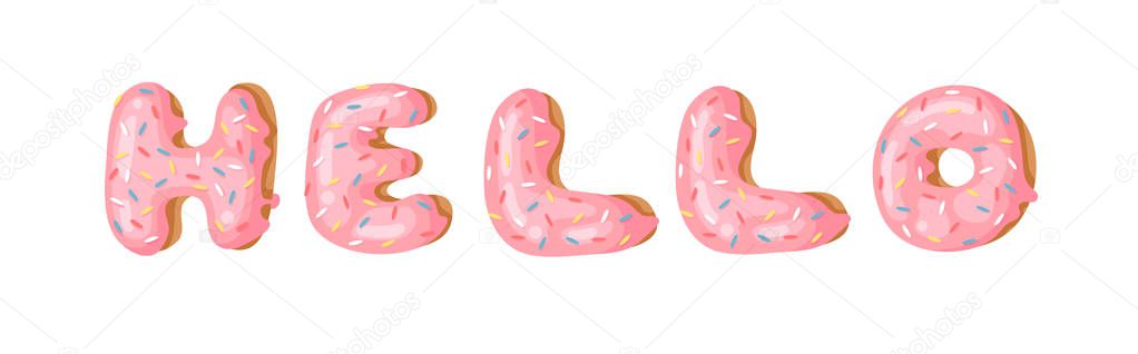 Dibujos animados vector ilustración donut y palabra HELLO. Dibujo ...