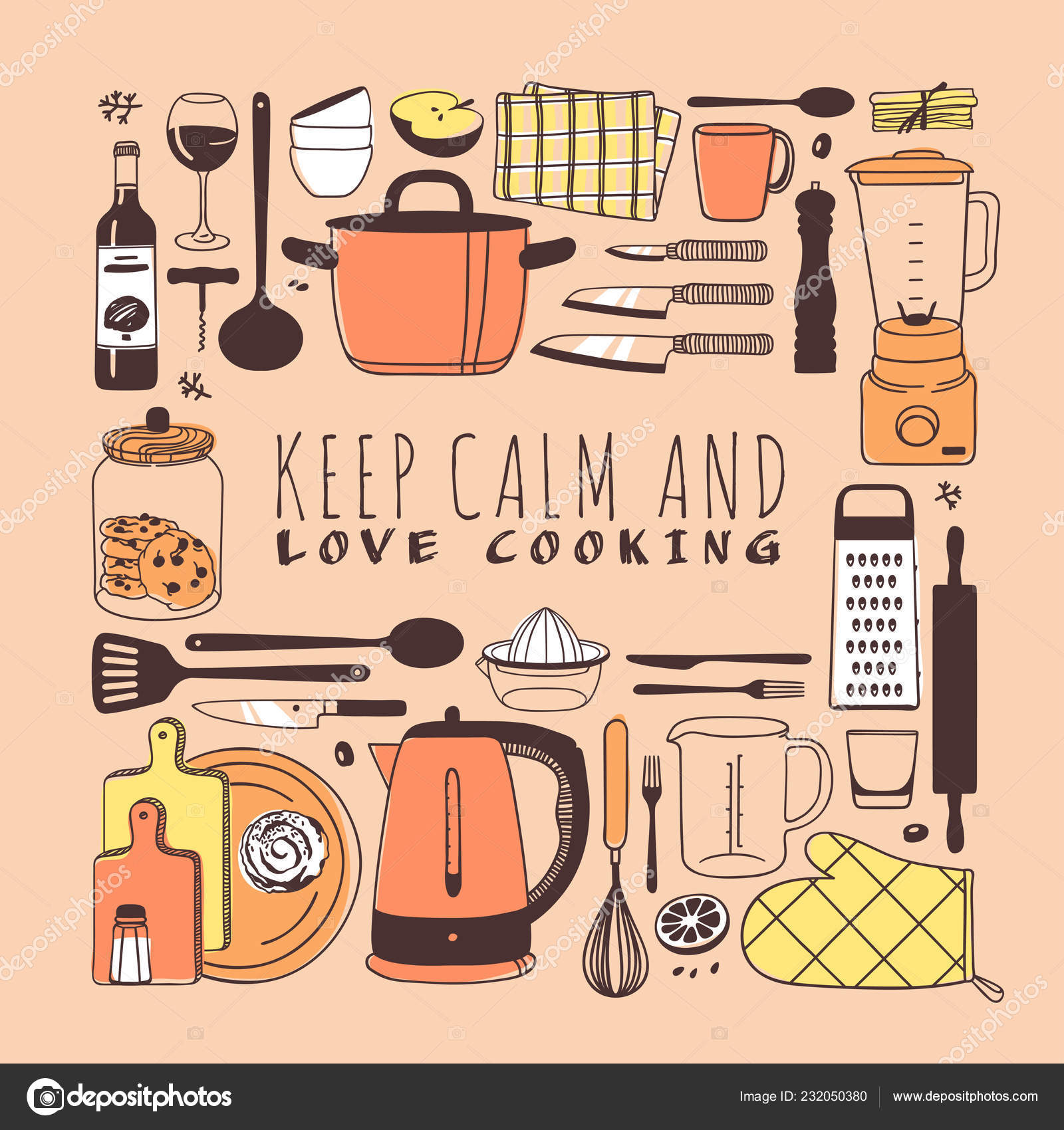 Hand Drawn Illustration Cooking Tools Dishes Food Quote Creative Ink ...