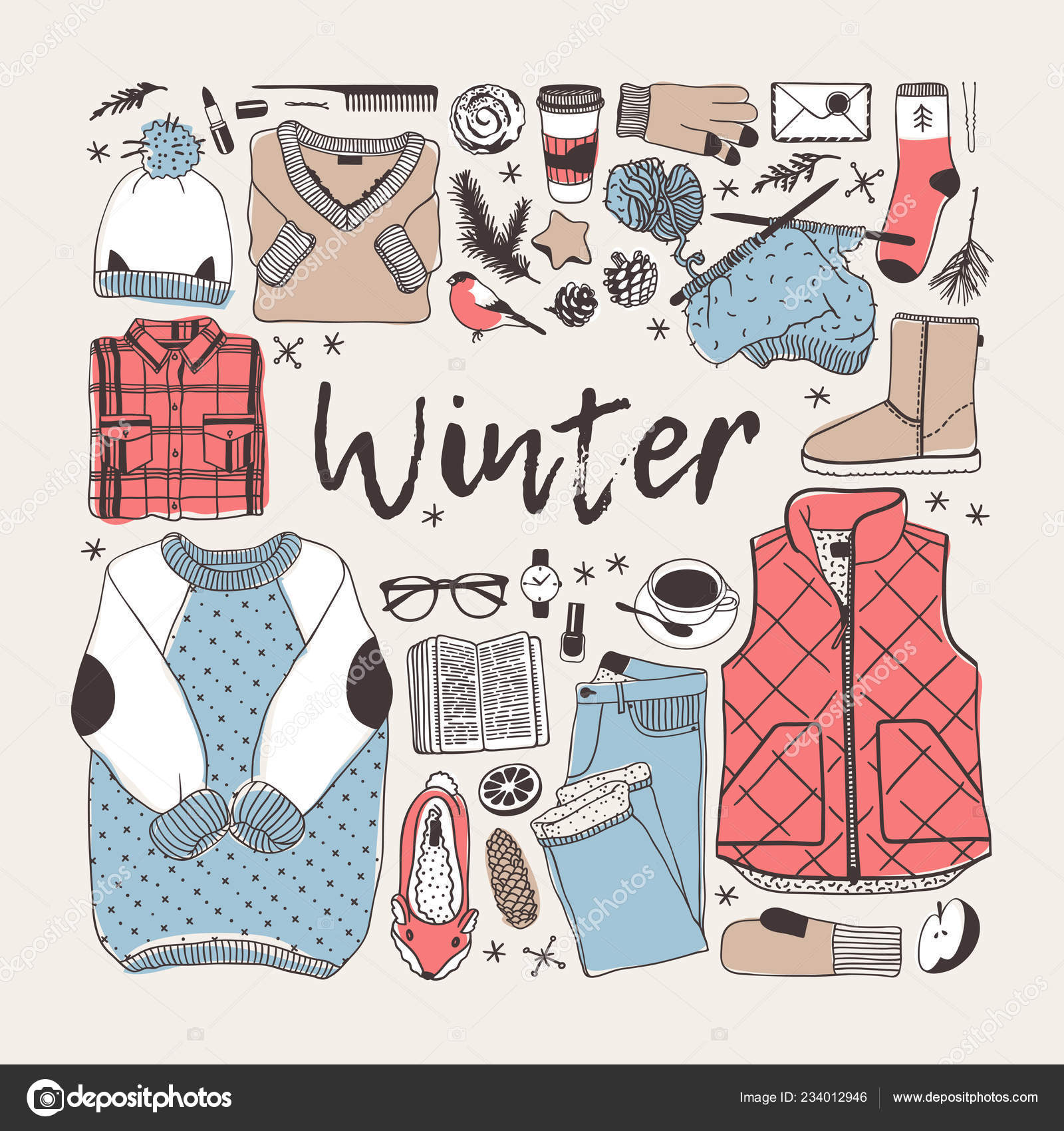 Hand Drawn Winter Clothes Set Creative Artwork Cozy Winter Set ⬇ Vector ...