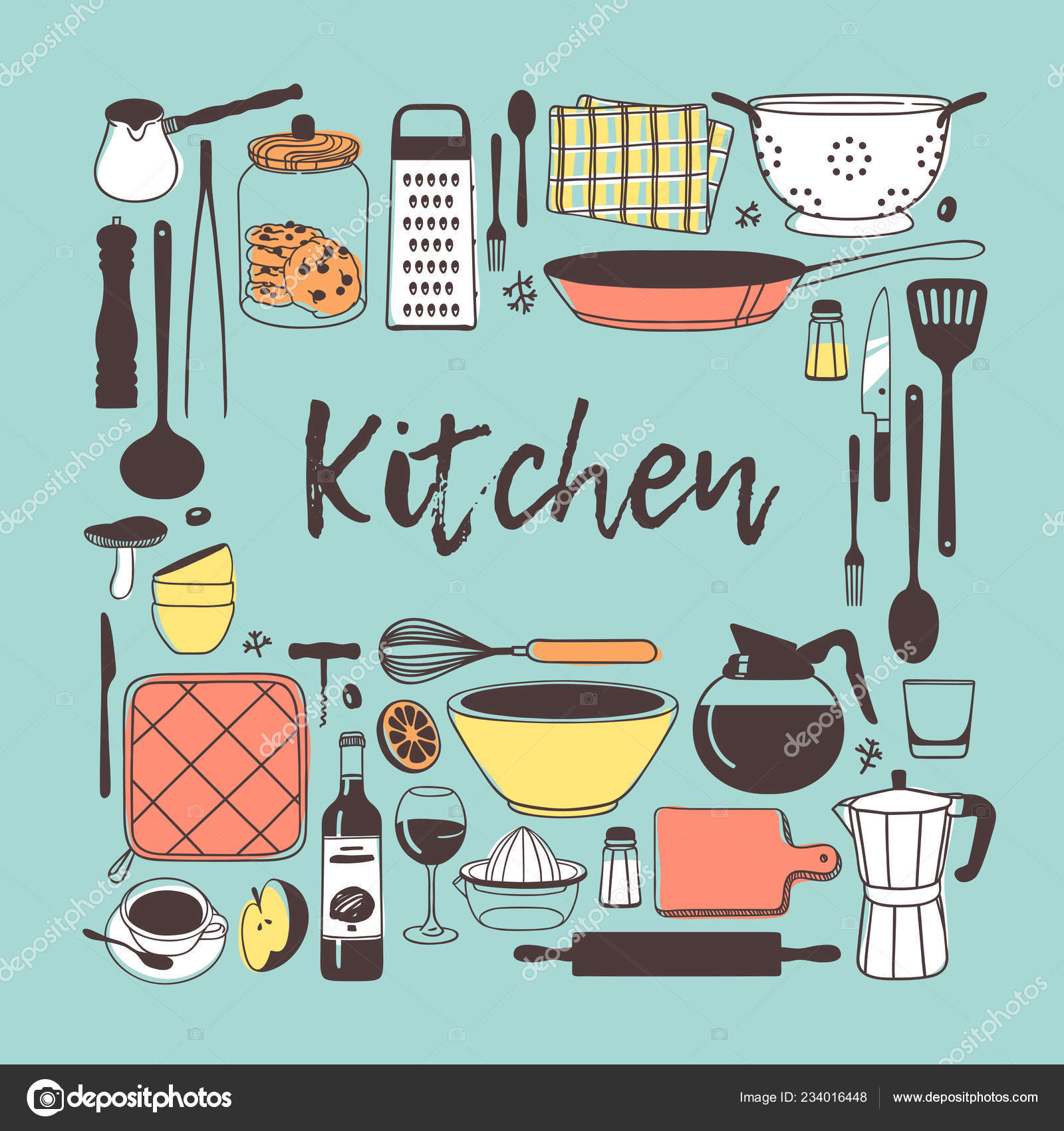 Hand Drawn Illustration Cooking Tools Dishes Food Creative Ink Art ...