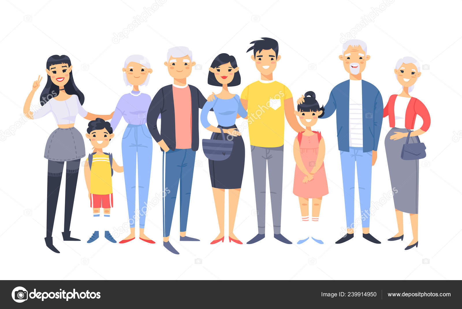 Sada Různých Asijských Páry Rodiny Kreslený Styl Lidí Různého Věku ...