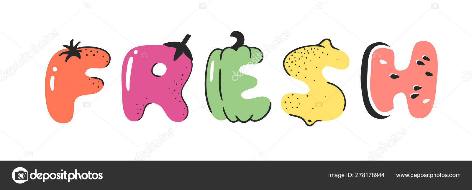 Cartoon vector illustration vegetables and fruits and word FRESH Stock ...