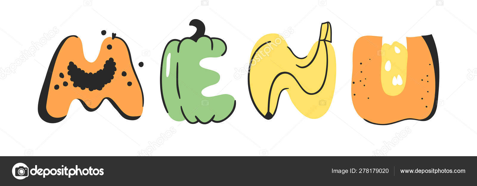 Dibujos animados vector ilustración verduras y frutas y palabra MENU ...