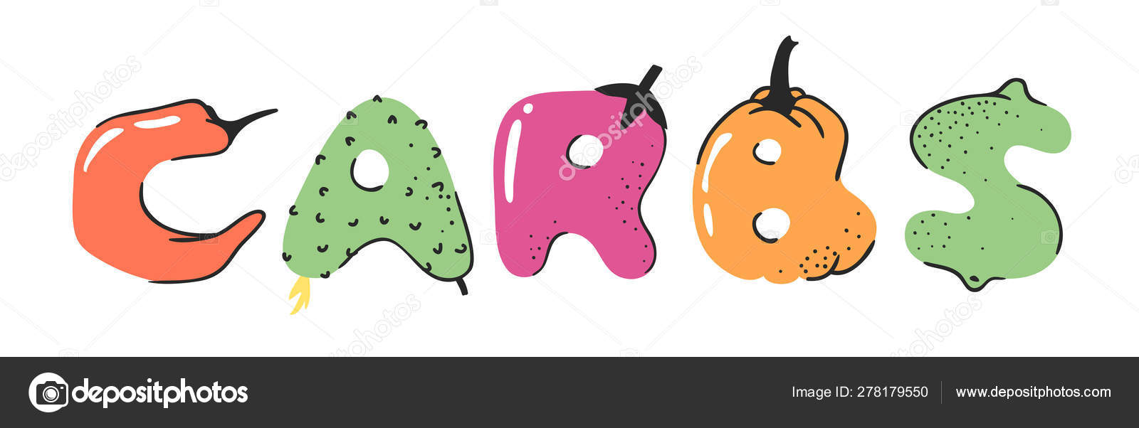 Cartoon vector illustration vegetables and fruits and word CARBS Stock ...