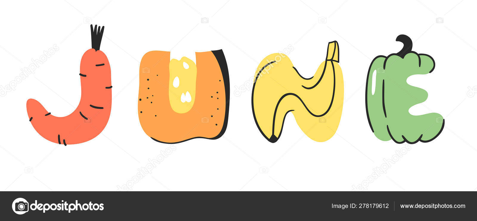 Cartoon vector illustration vegetables and fruits and word JUNE. Stock ...