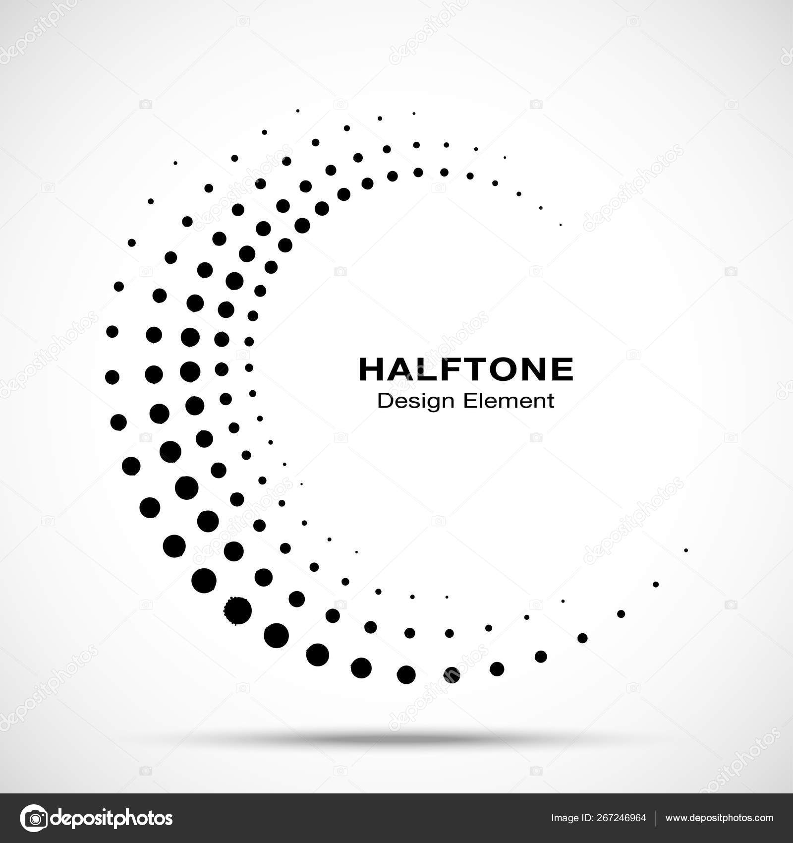 Halftone circle dotted frame circularly distributed. Vector dots logo emblem design element ...