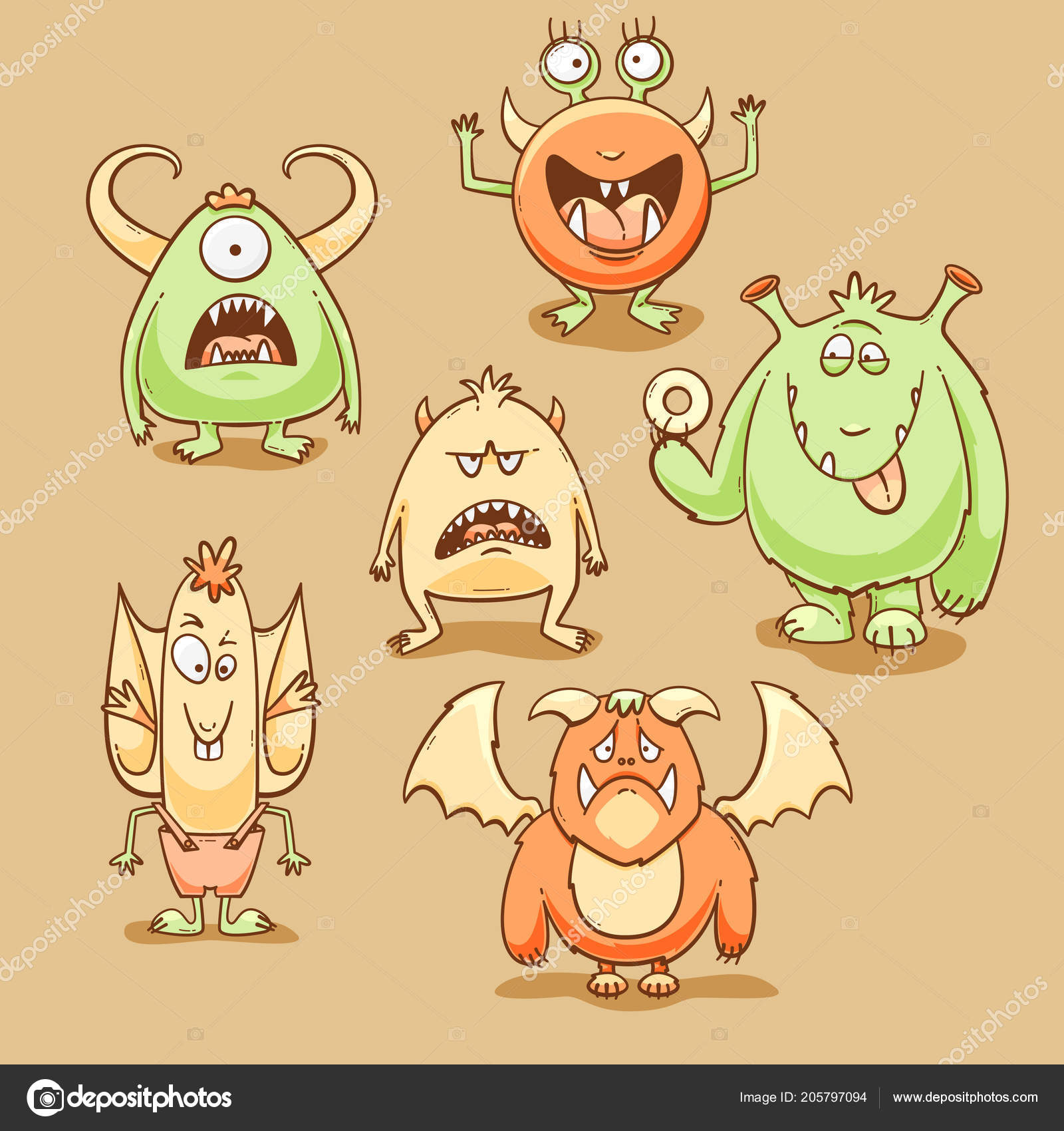 Conjunto Desenhos Animados Monstros Ilustração Vetorial Com Emoções ...