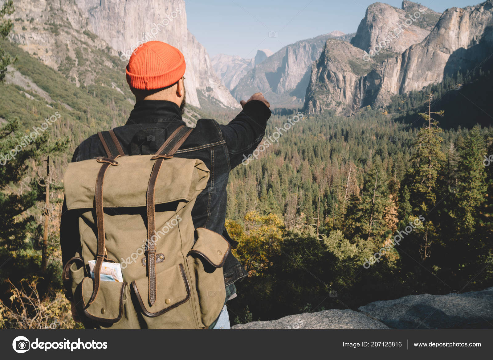 Back View Male Hiker Rucksack Pointing Rocky Landscape Mountains ...