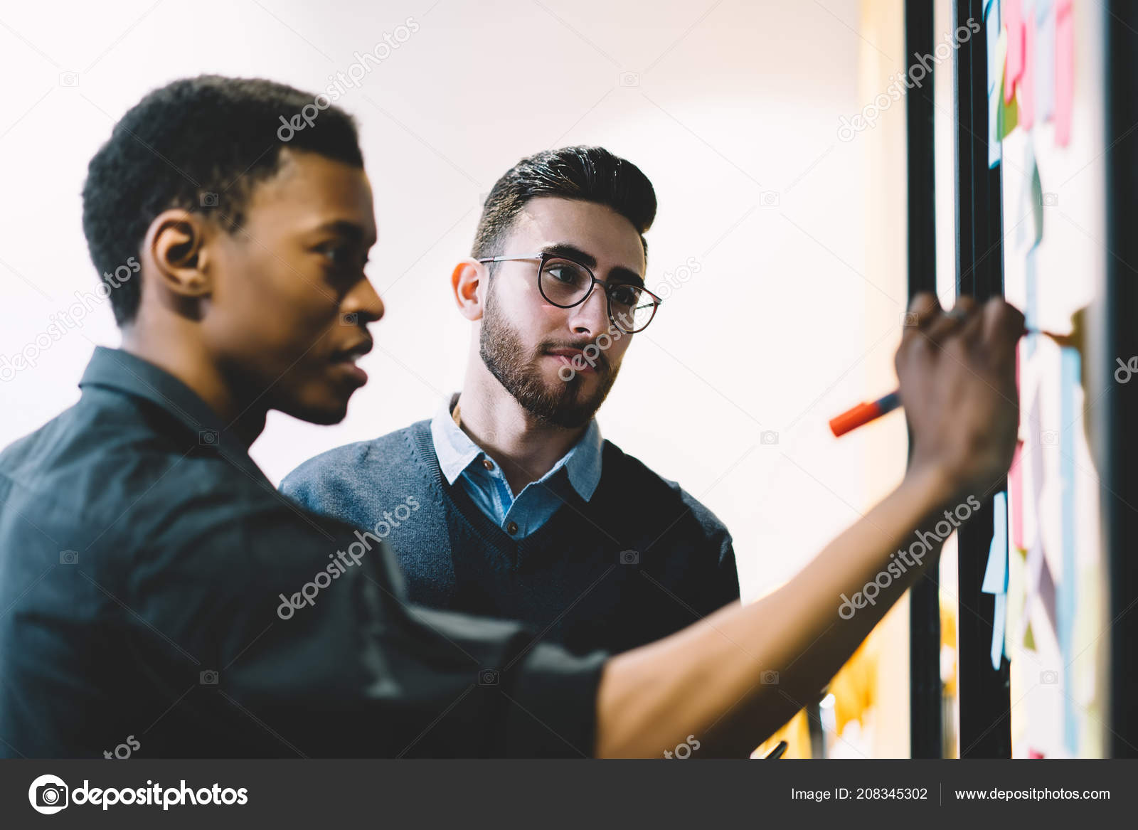 Pensive Multicultural Students Writing Notes Colorful Stickers Glued ...