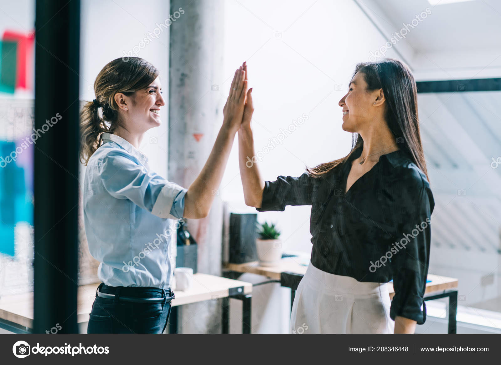 Two Cheerful Female Colleagues Dressed Formal Wear Celebrating Victory ...
