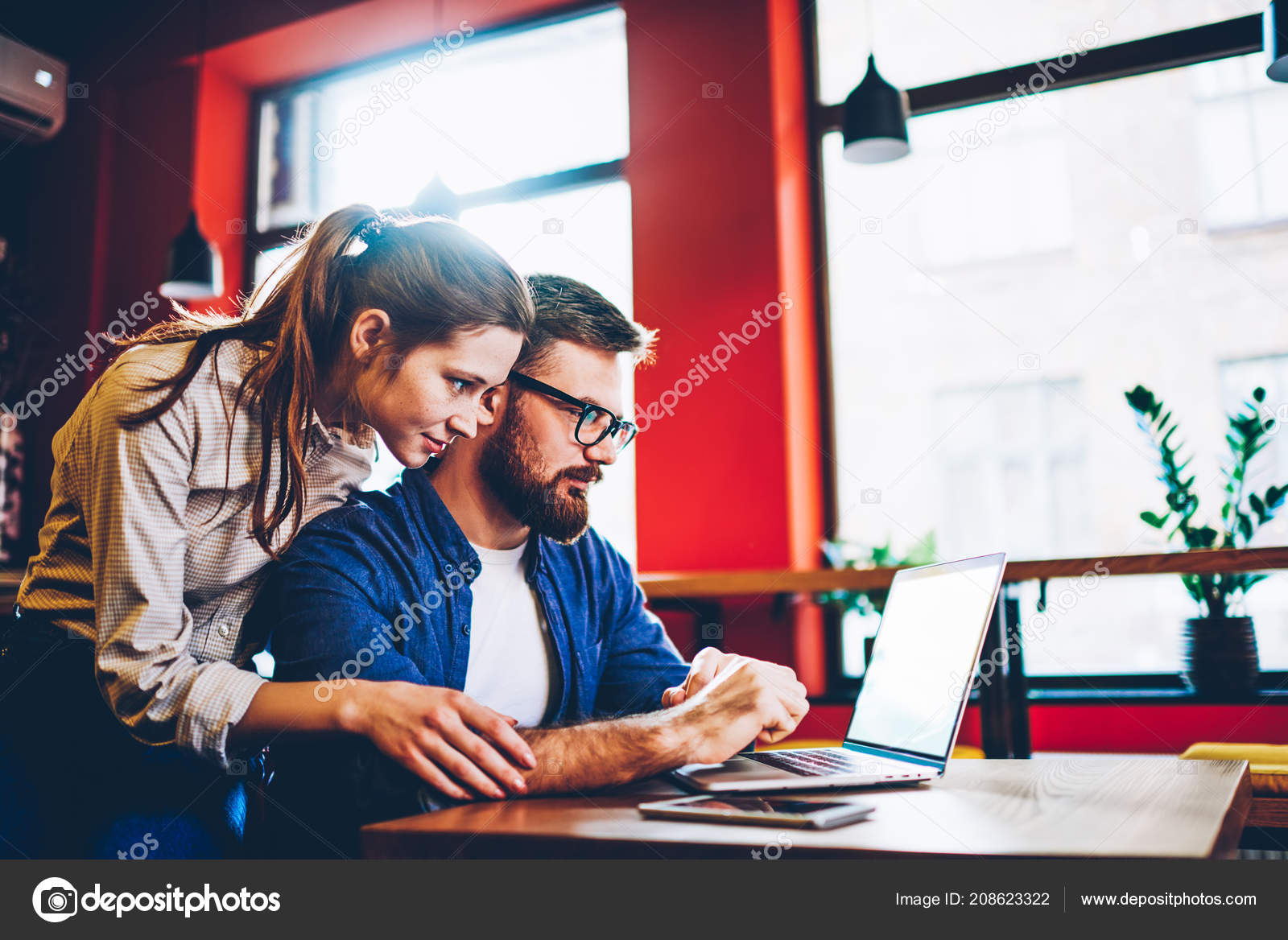 Couple Love Watching Together Video Modern Laptop Computer Conneted ...
