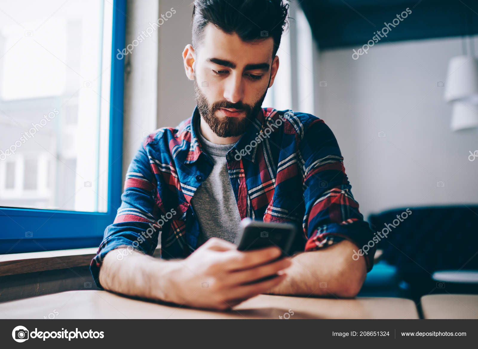 Serious Young Hipster Guy Making Money Transaction App Smartphone While ...