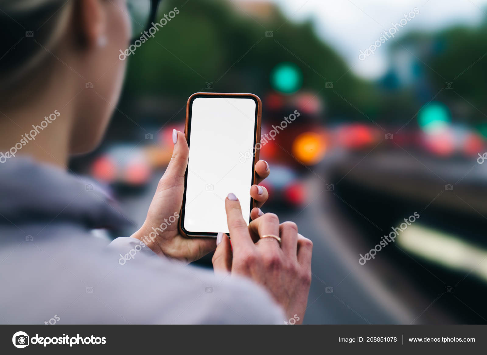 Cropped Back View Woman Hands Holding Smartphone Typing Finger Blank ...