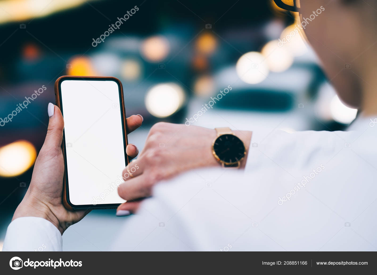 Cropped Back View Woman's Hand Holding Smartphone Blank Screen Your ...