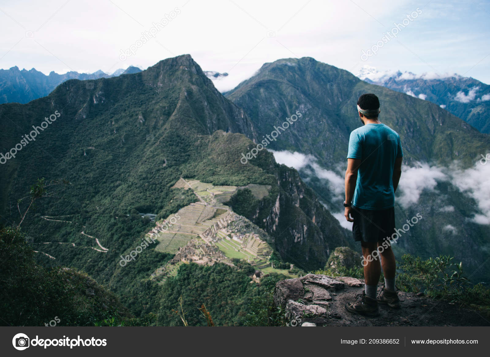 Back View Young Man Dressed Active Wear Climbed Peak Mountain Stock ...