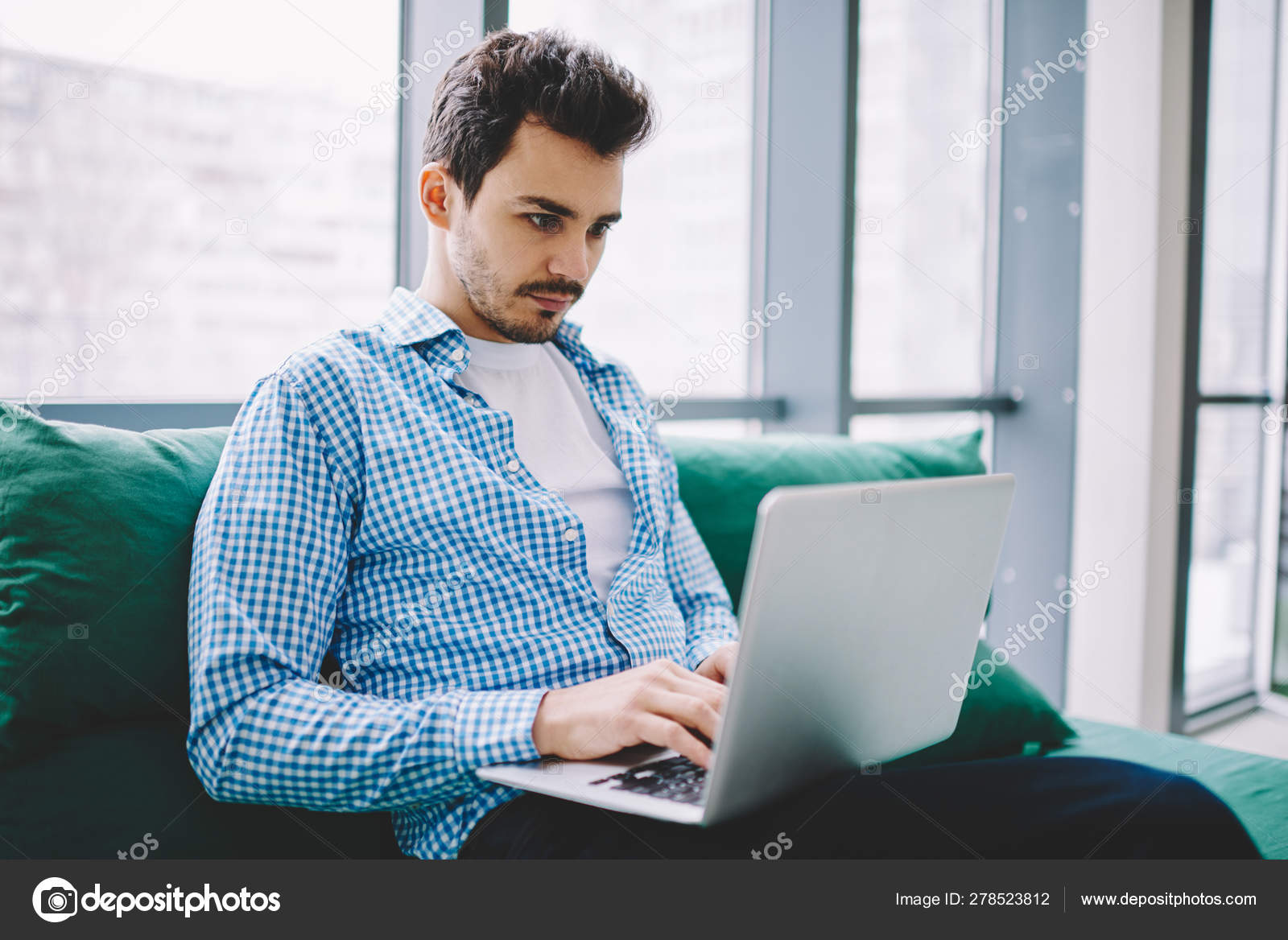 Serious Male Software Developer Working Remotely Modern Laptop Device ...