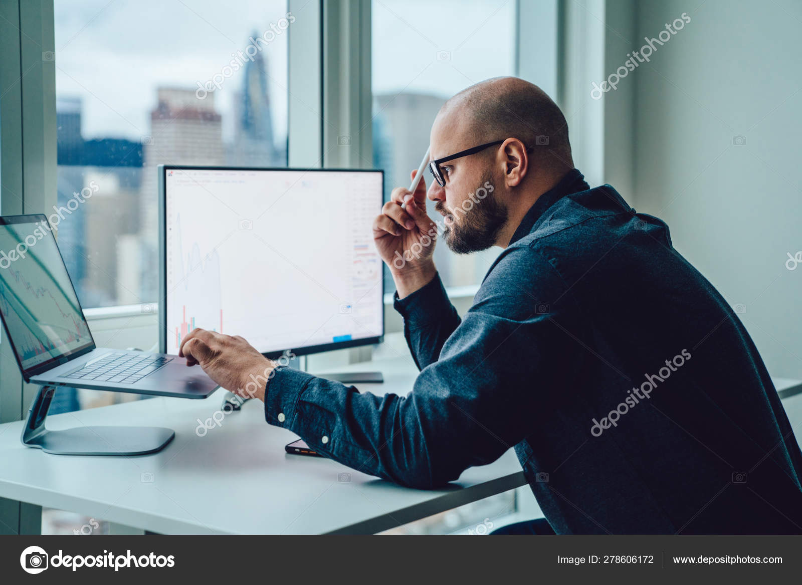 Back View Businessman Sitting Office Desktop Front Laptop Computers ...