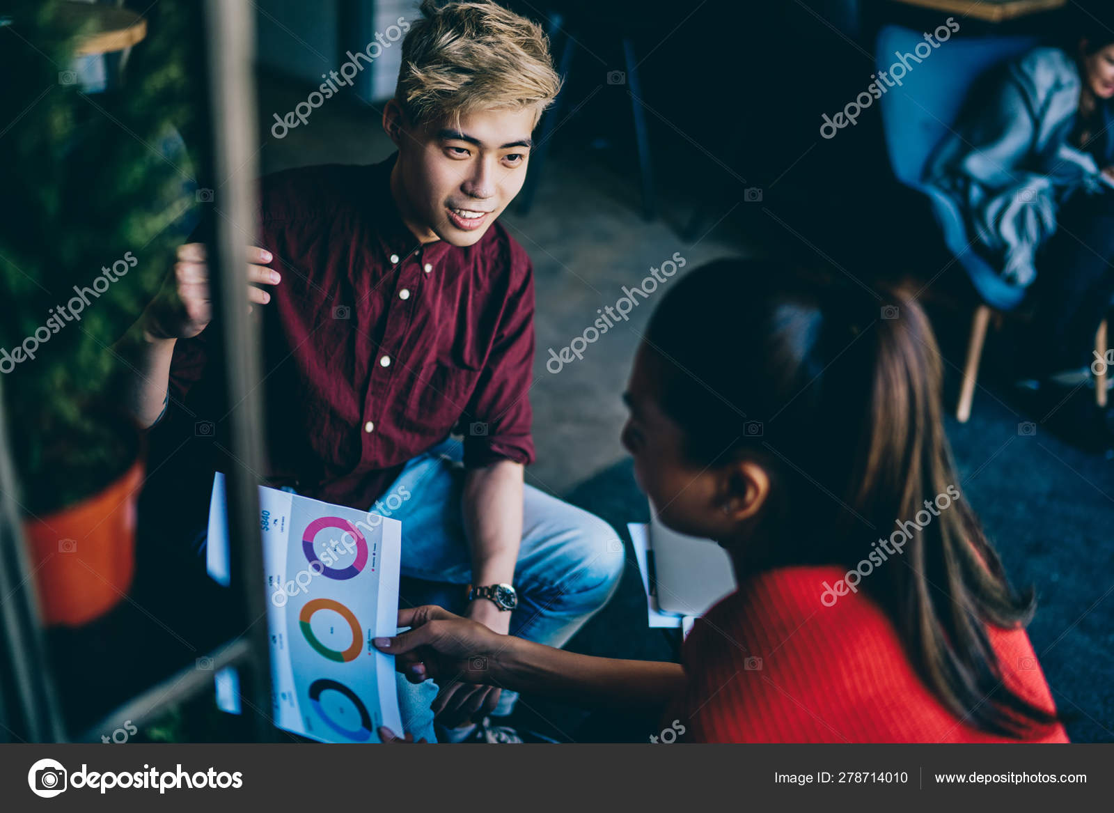 Asian Good Looking Hipster Guy Explaining Financial Data Diagram Paper ...