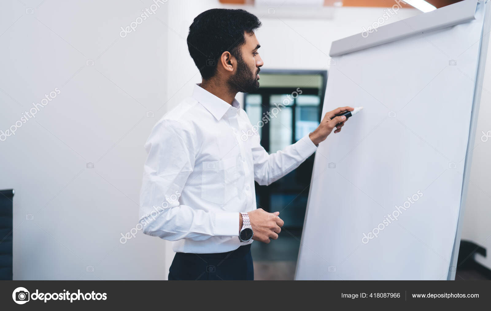 Side View Successful Man Marker Hand Clarifying Financial Details White ...