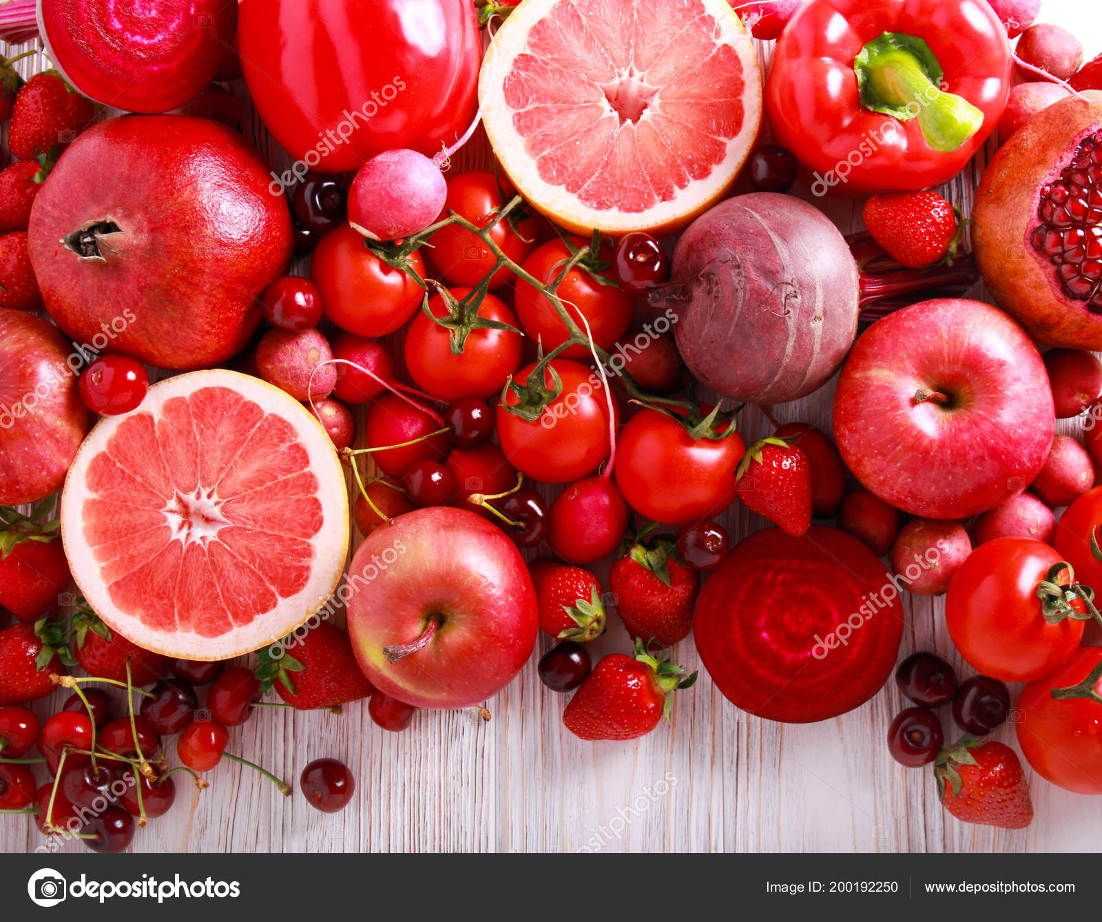 Red Color Assorted Vegetables Fruits Wooden Table Stock Photo by ...