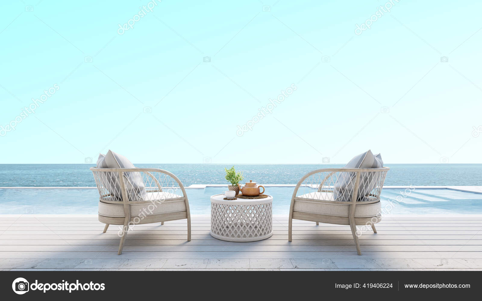 Beach Lounge Sundeck Pool Sea View Vacation Summer Rendering Stock ...