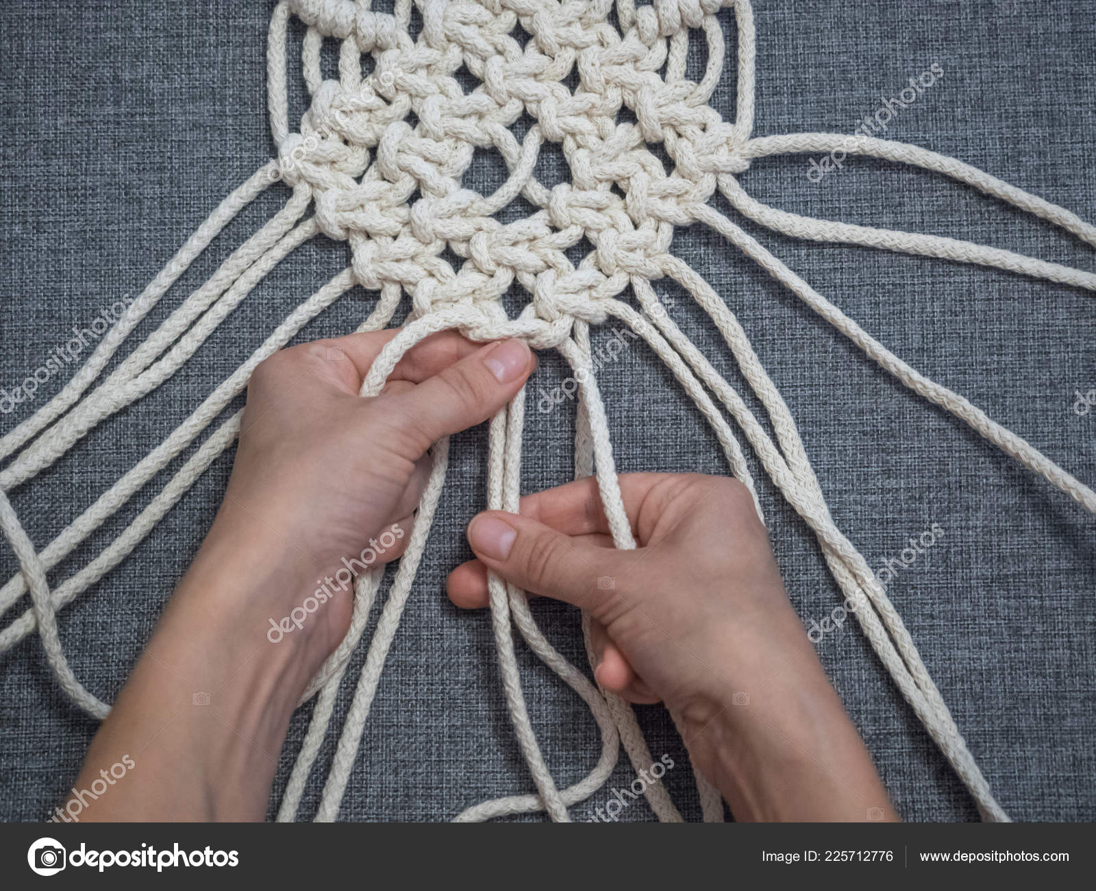 Macrame Girl Weaves Macrame White Thread Female Hand Grey Background ...