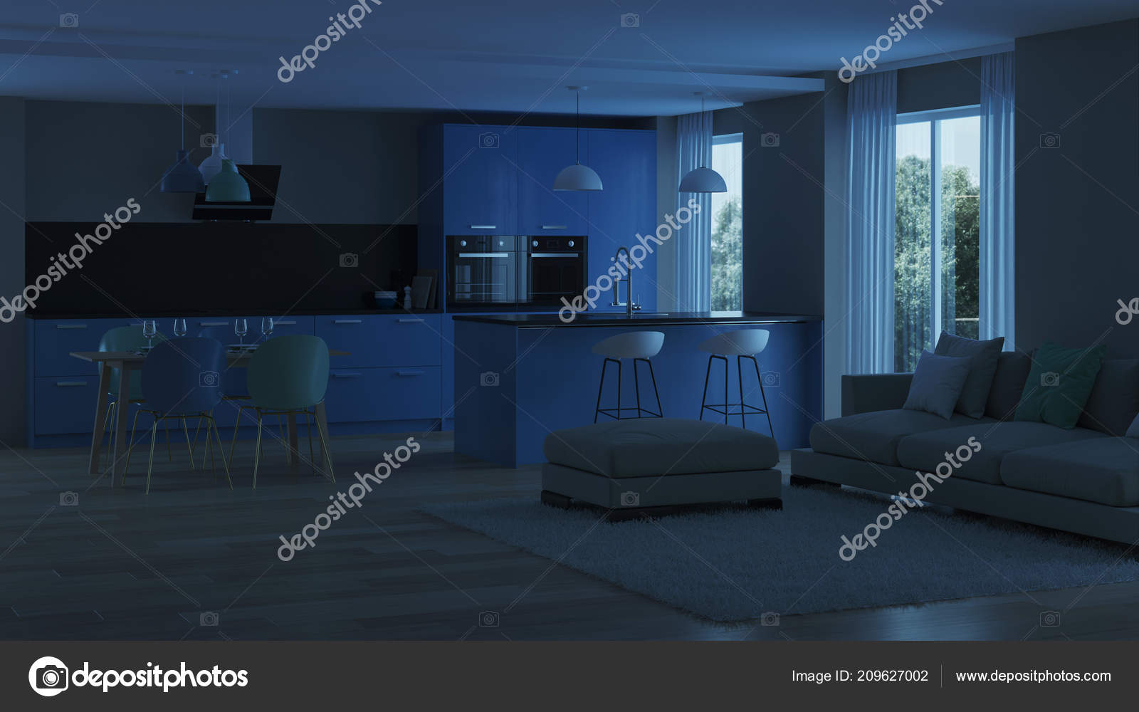 Modern House Interior Blue Kitchen Night Evening Lighting Rendering ...