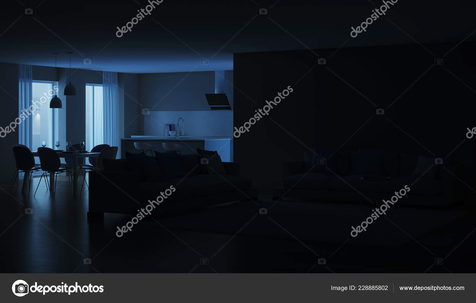 Modern House Interior Blue Kitchen Night Evening Lighting Rendering ...