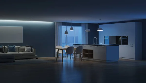 Modern House Interior Night Evening Lighting Rendering — Stock Photo ...