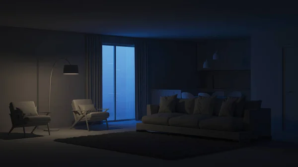 Modern House Interior Bedroom Glass Partitions Night Evening Lighting ...