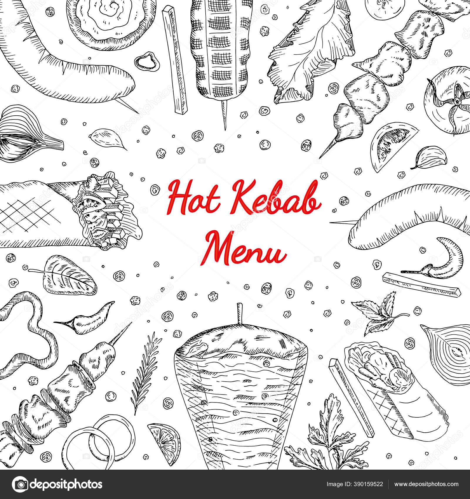 Hot Spicy Doner Kebab Menu Design Shawarma Meat Skewer Grilled Stock ...