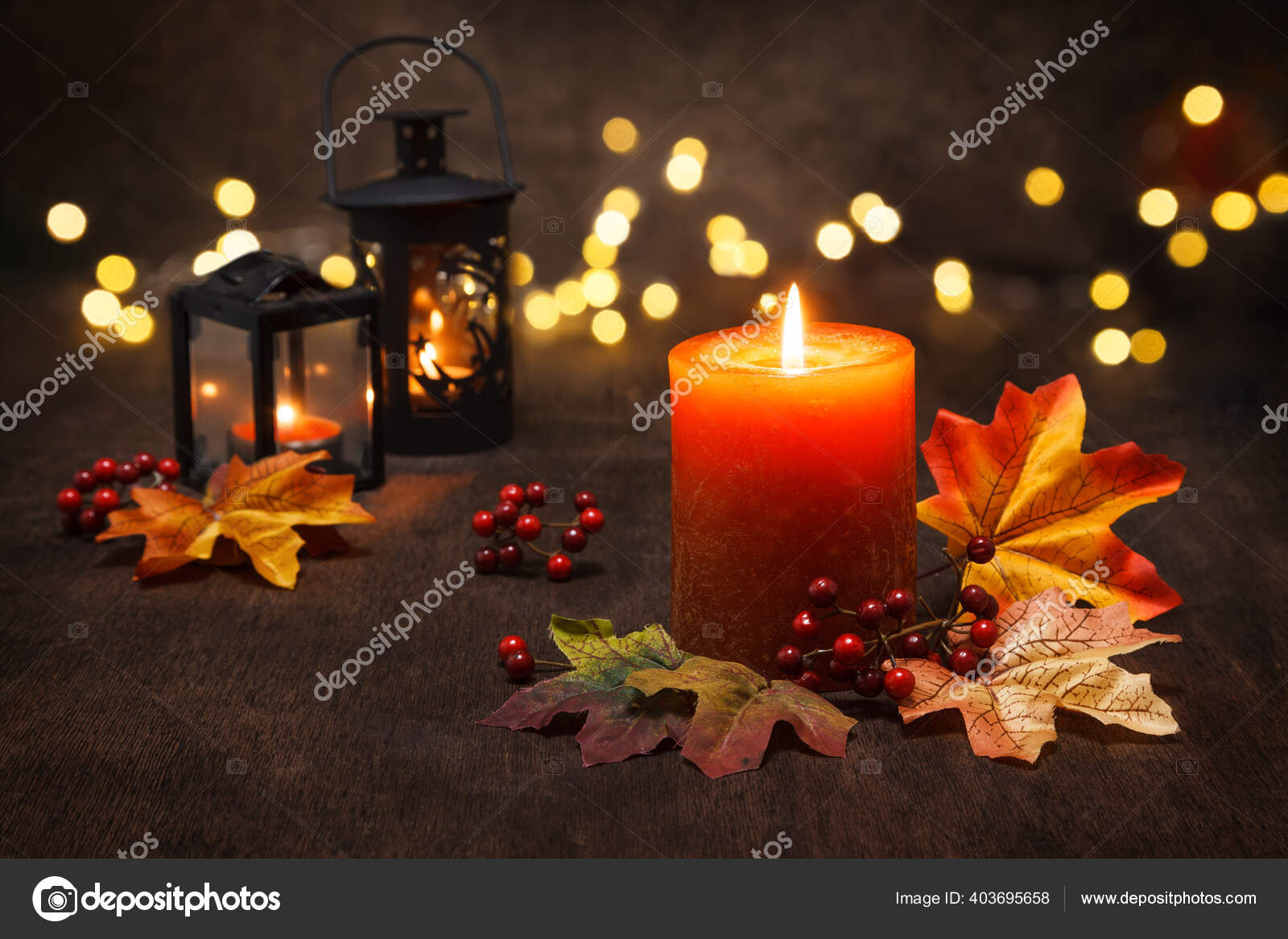 Lit Candles Autumn Leaves Fall Decoration Stock Photo by ©Vitaina 403695658