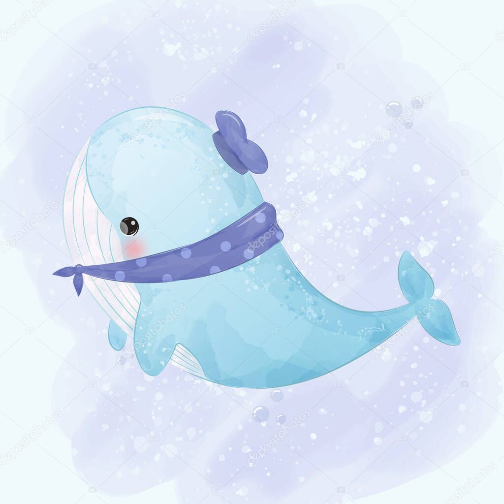 Linda ilustración de ballena en estilo acuarela. Adorable decoración de ...