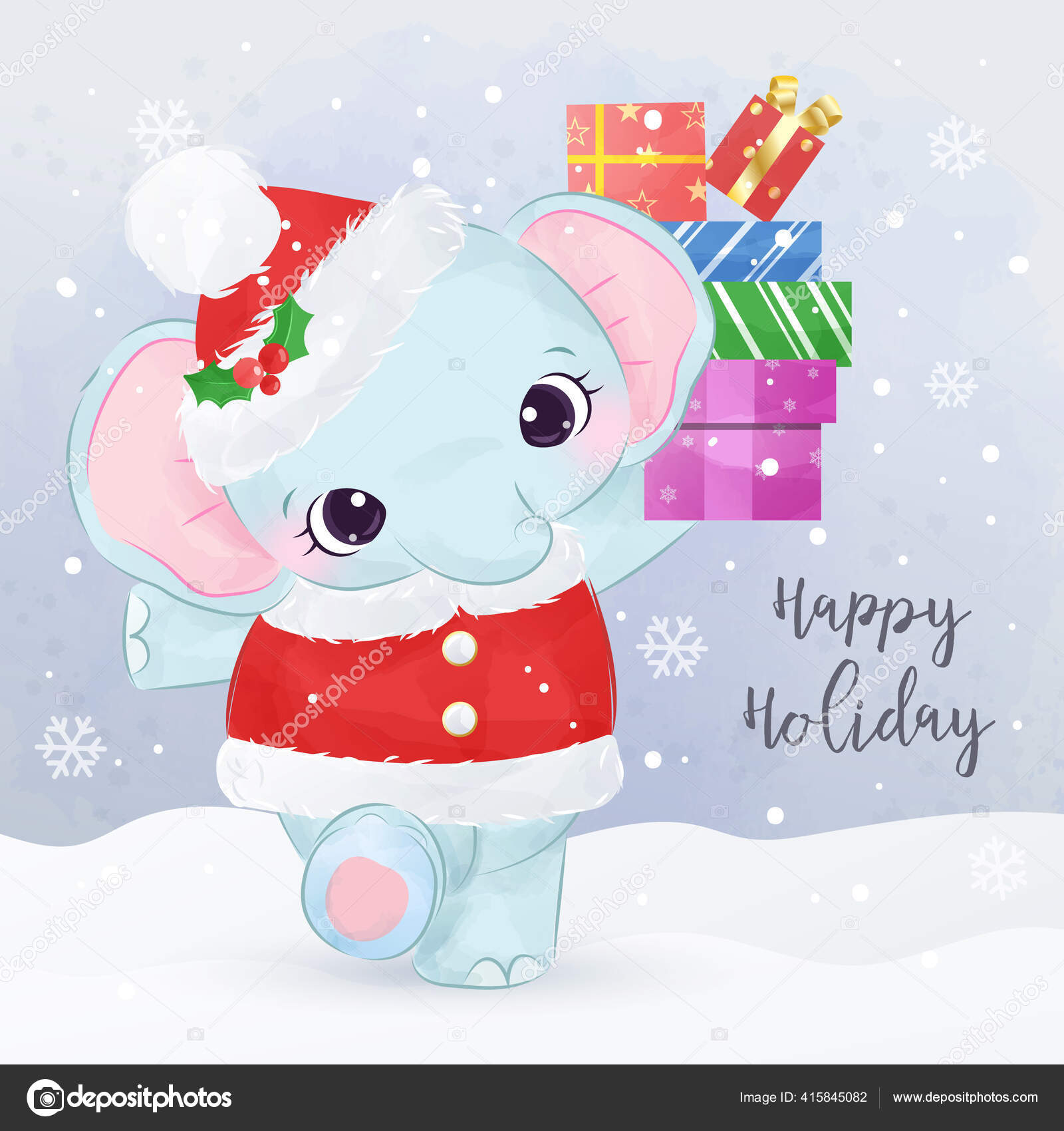 Cute Christmas Greeting Card Adorable Elephant Illustration Christmas ...