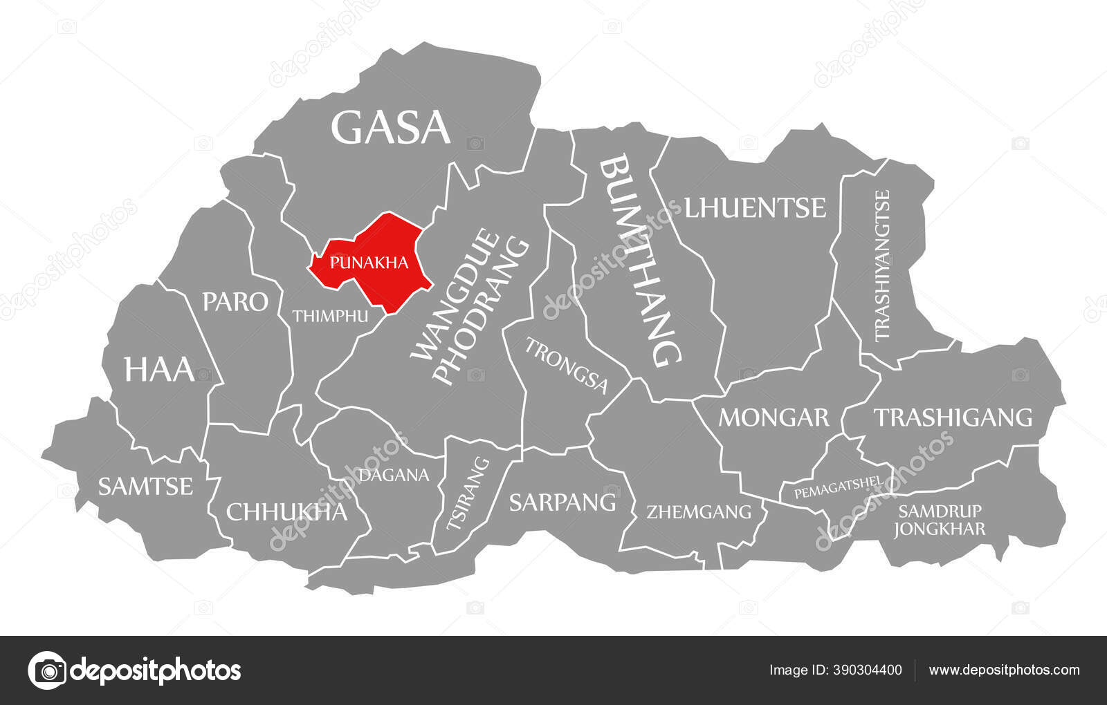 Punakha Red Highlighted Map Bhutan — Stock Photo © ingomenhard #390304400