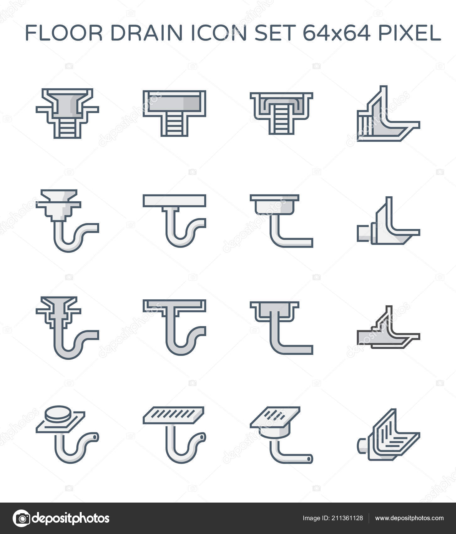 Floor Drain Drainage Equipment Icon Set 64X64 Perfect Pixel Editable ...