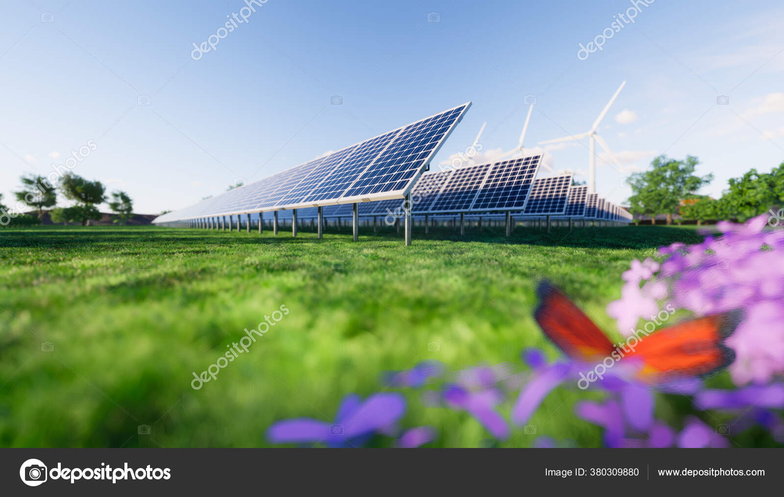 Rendering Row Solar Panel Green Field Blue Sky Background Show Stock ...