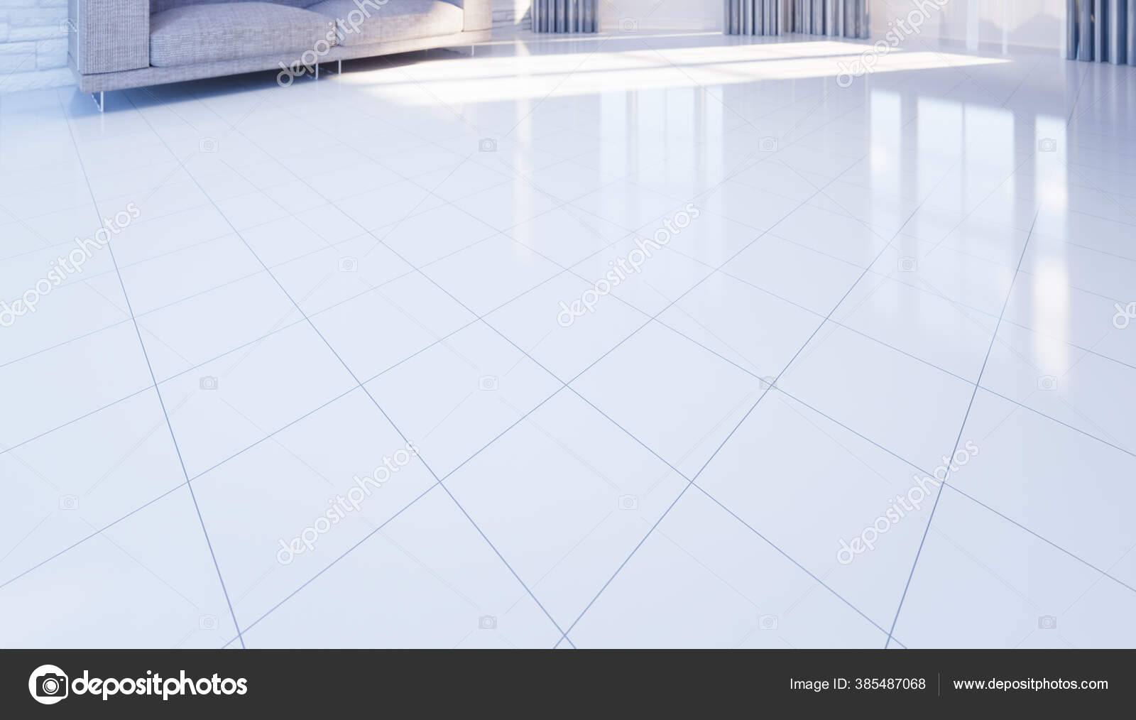 Rendering Empty Room White Tile Floor Grid Line Shiny Reflection Stock ...