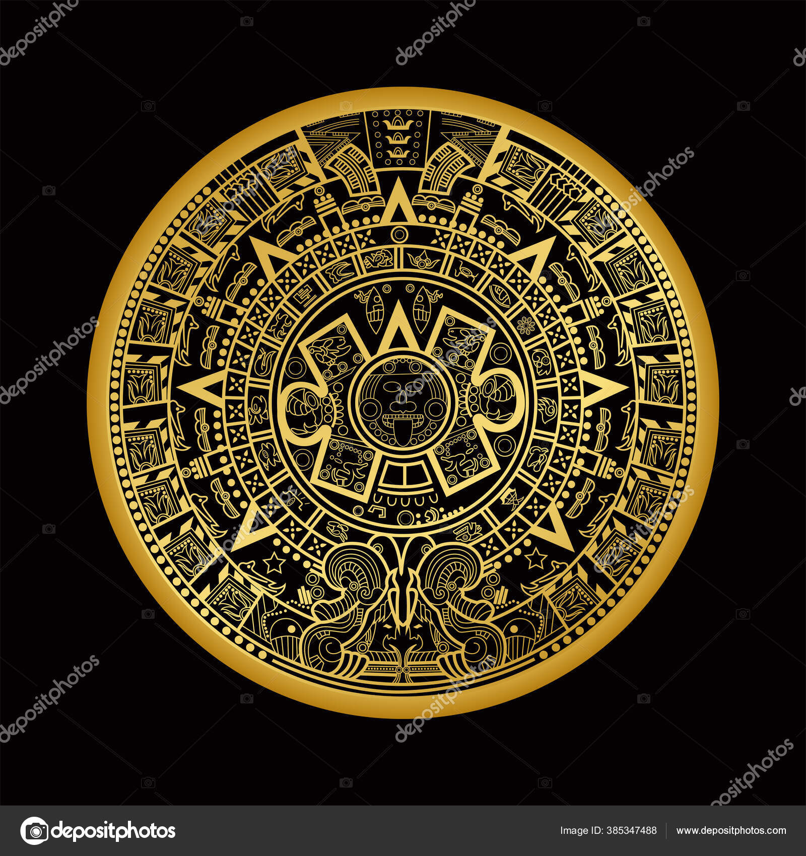 Calendario Azteca Maya Sobre Fondo Negro Vector de stock #385347488 de ...
