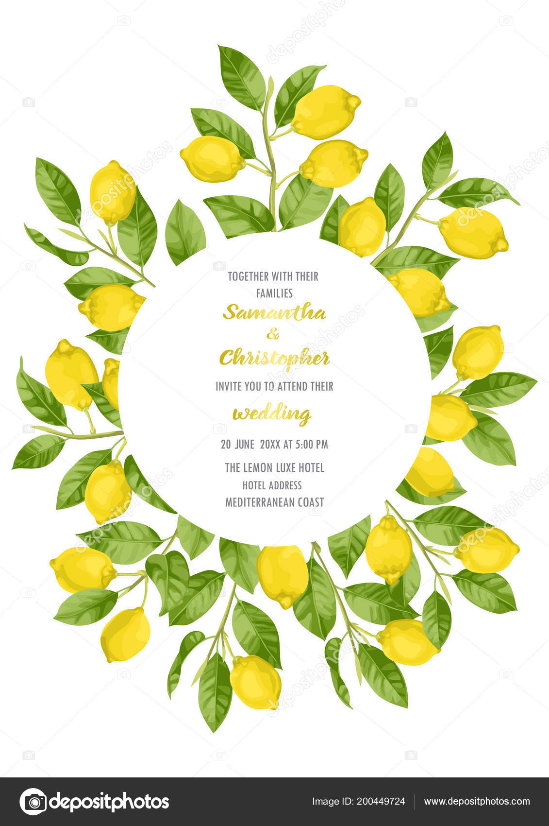 Wedding Invitation Card with Lemon Brunches Stock Vector Image by ...