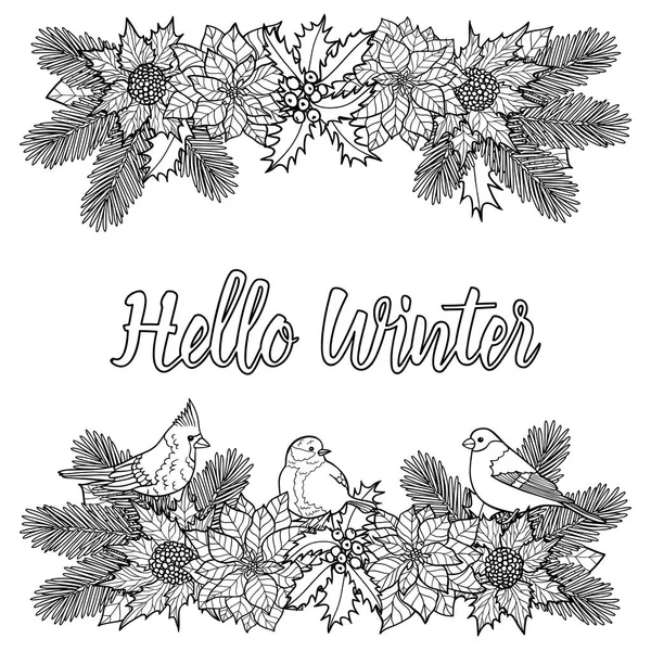 Hello Winter Greeting Coloring Page with Natural Frame and Birds Stock ...