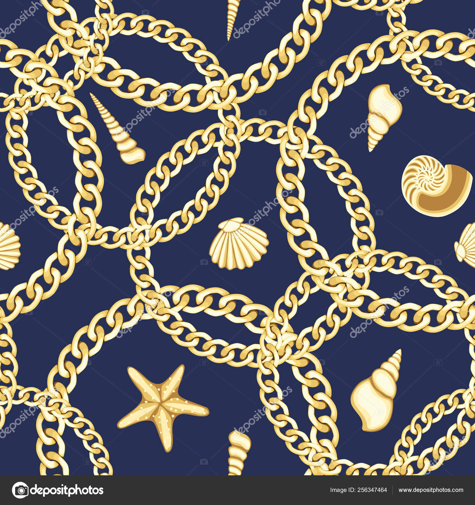 Golden Chains and Seashell Seamless Pattern. Luxury Fashion Print ...