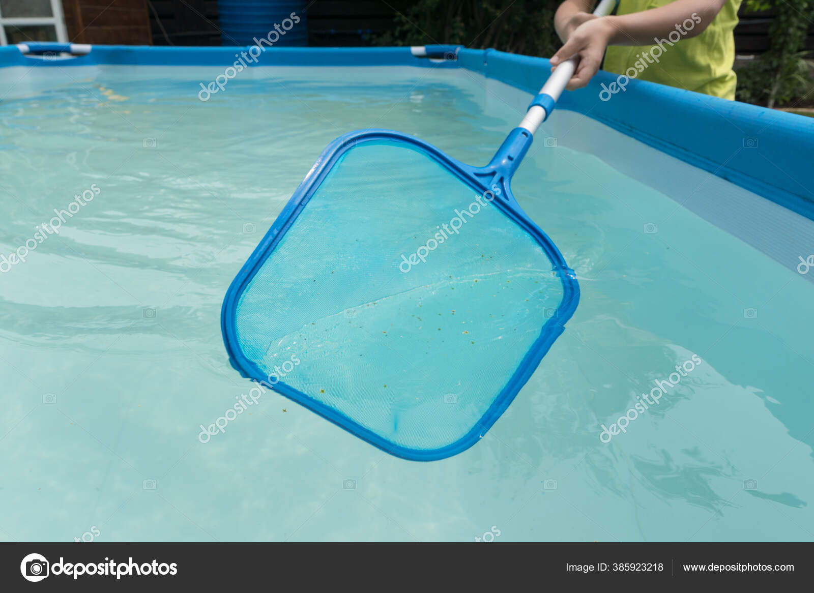 Hands Hold Stick Big Blue Net Clean Water Swimming Pool Stock Photo by ...