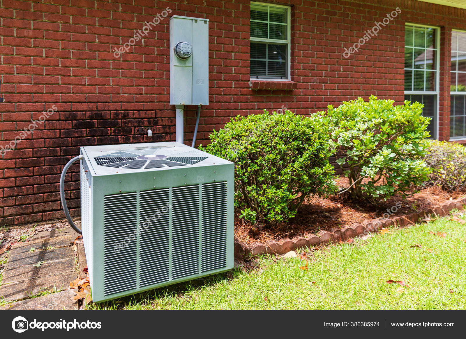 Older Style Air Conditioner Unit Next Home Brick Bushes Clean Stock ...