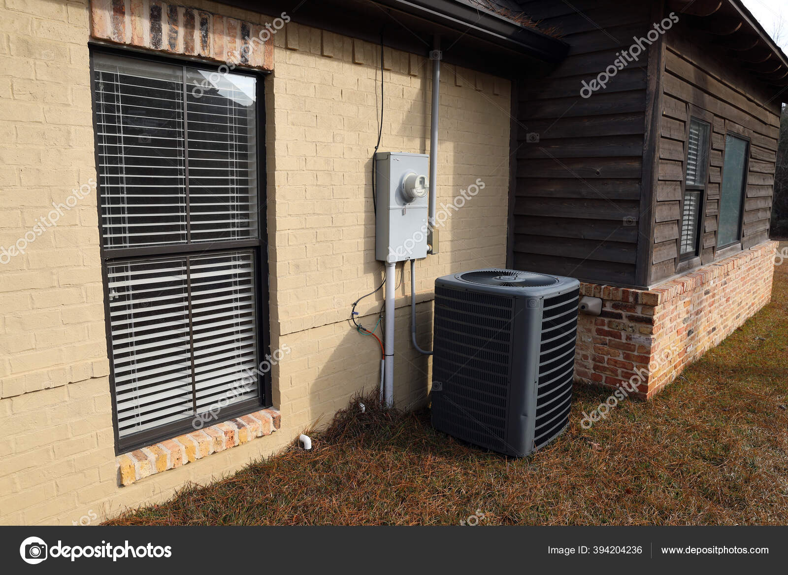Gray Air Conditioner Condenser Compressor Unit Next Painted Brick House ...