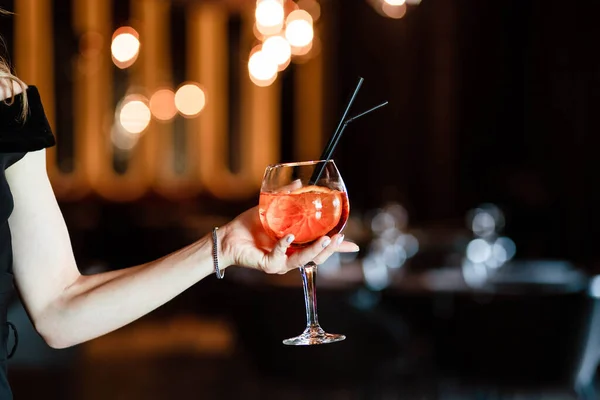 Young Girl Holding Aperol Spritz Aperol Cocktail Syringe Glass Young