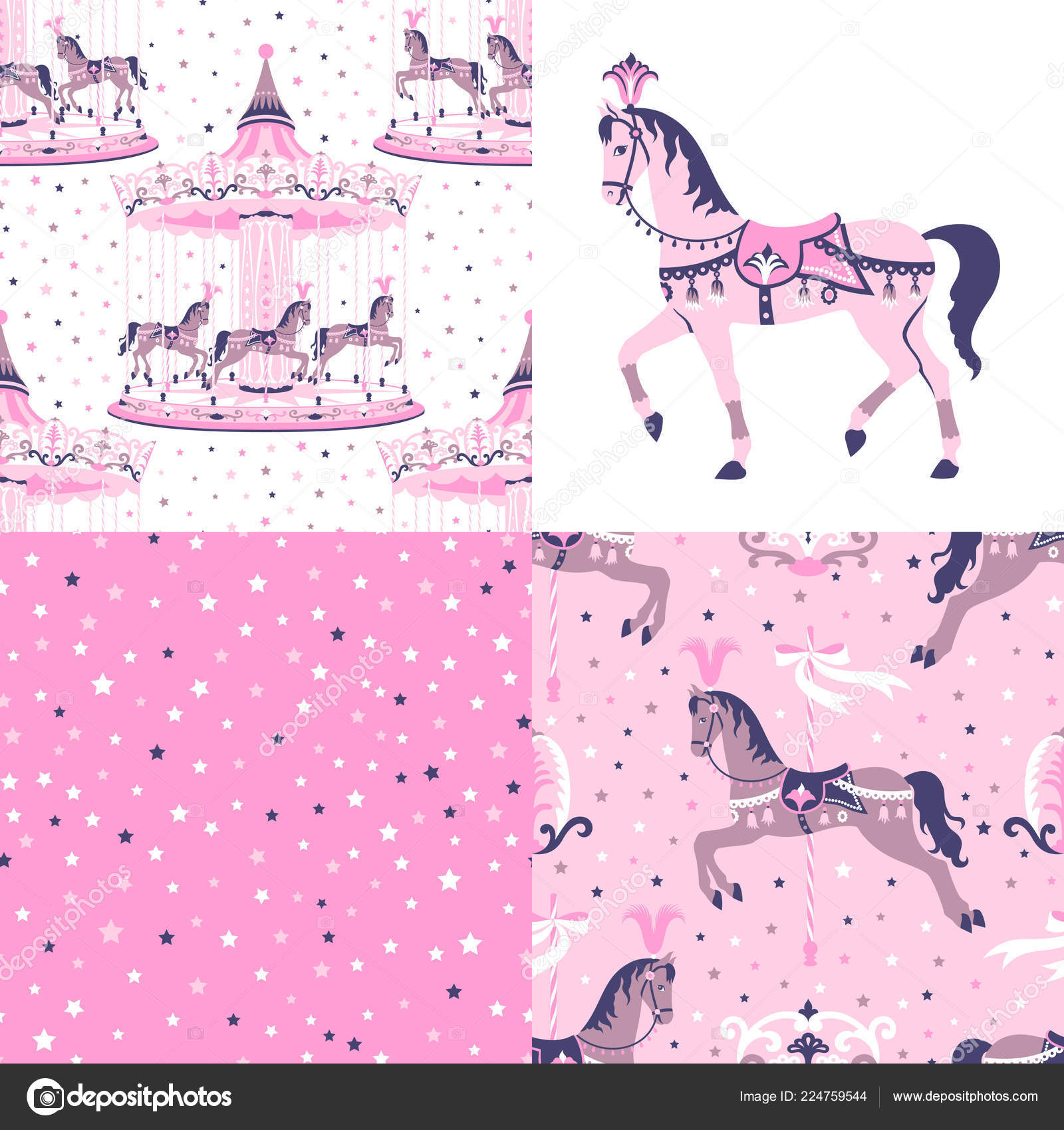 Pink set of carousel seamless patterns. Stock Vector Image by ...