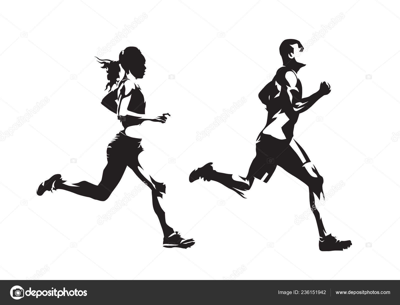 Hombre Mujer Corriendo Dibujos Tinta Siluetas Vectoriales Aisladas ...