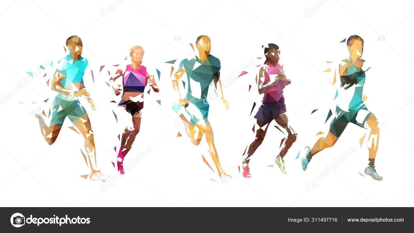 Spring, grupp löpare, låg poly vektor illustration. Geom — stockvektor ...